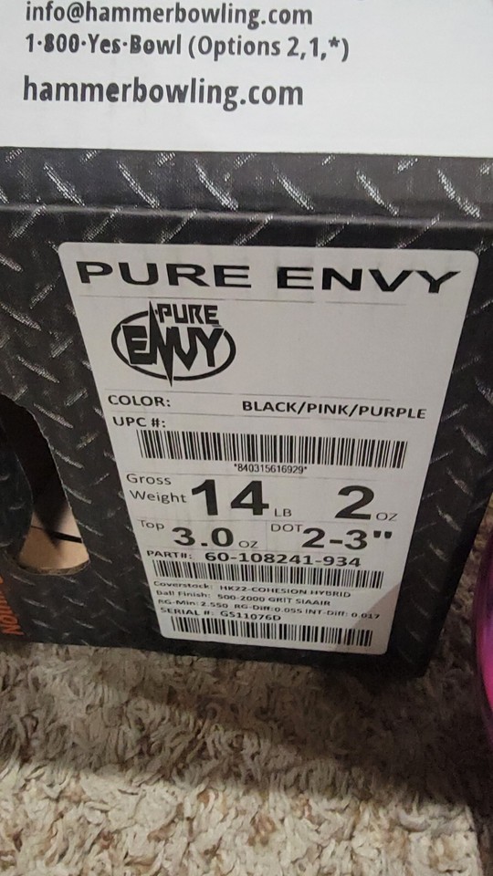 Hammer Pure Envy Bowling Ball 1st Quality | 14 Pounds | 2-3" Pin | 3oz ...