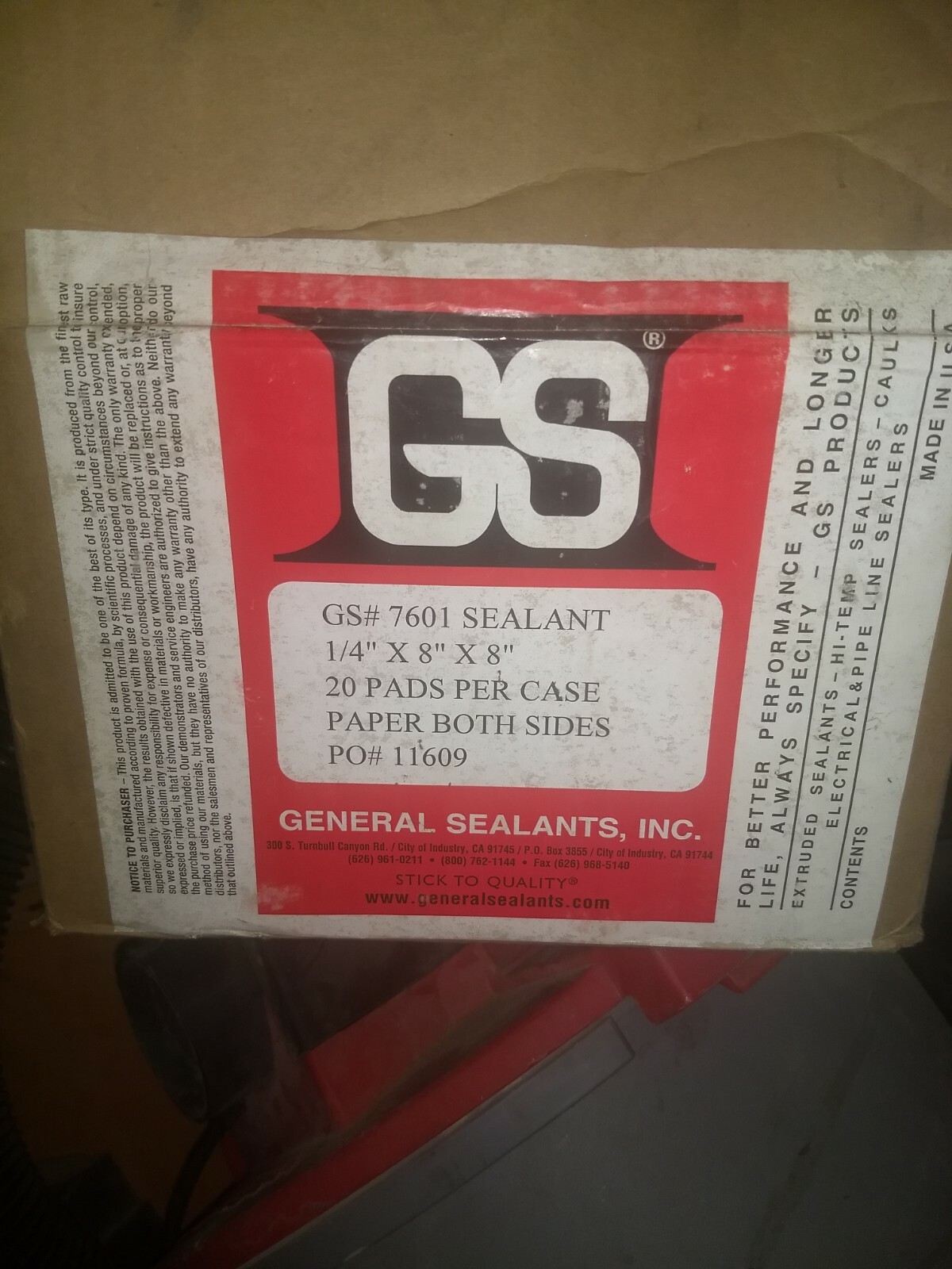 General Sealants GS #7601 8" X 8" x 1/4" THICK Butyl Adhesive Pads (QTY ...