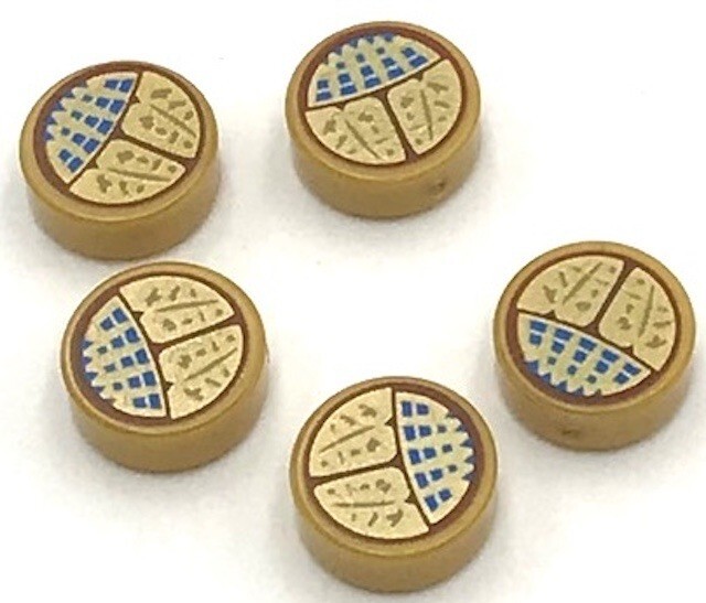 Lego 5 New Pearl Gold Tiles Round 1 x 1 w/ Gold Scarab of Ammit Blue ...