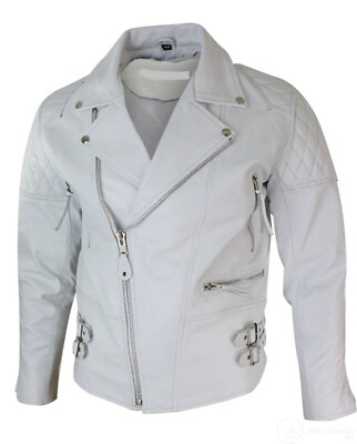 Mens White Motorcyle Biker Coss Zipper Cafe Racer Genuine Leather ...