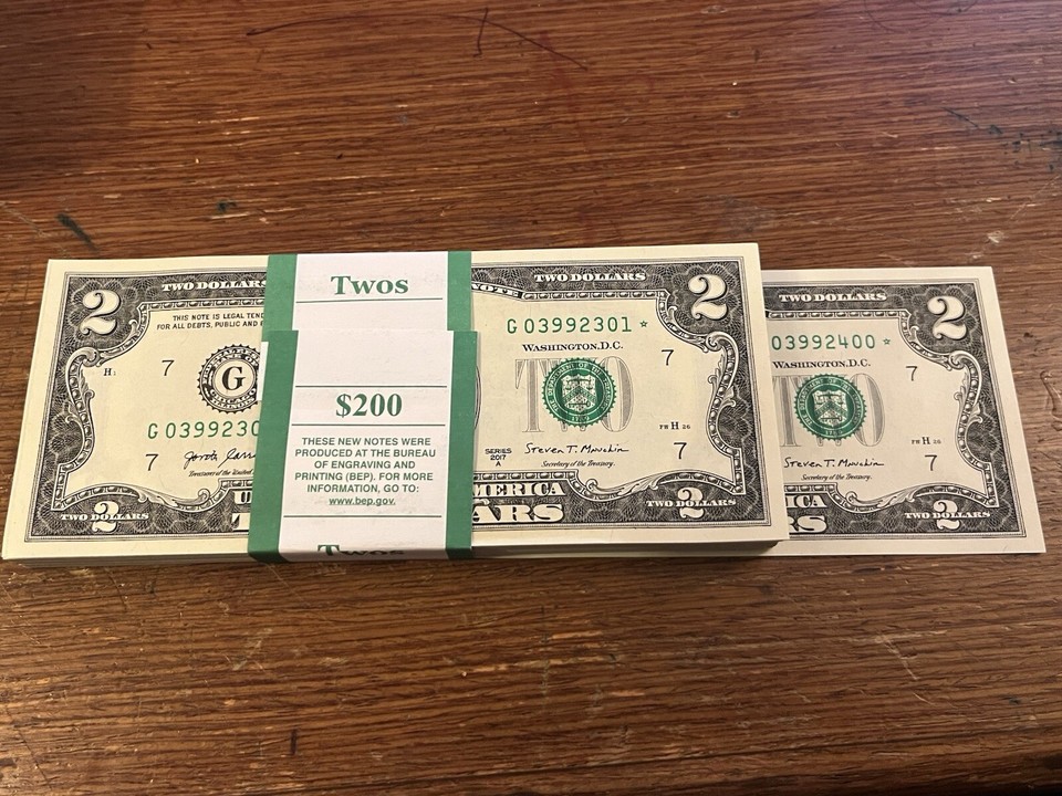 LOT of 100, $2 Star Notes Uncirculated Consecutive Strap BEP Pack ...