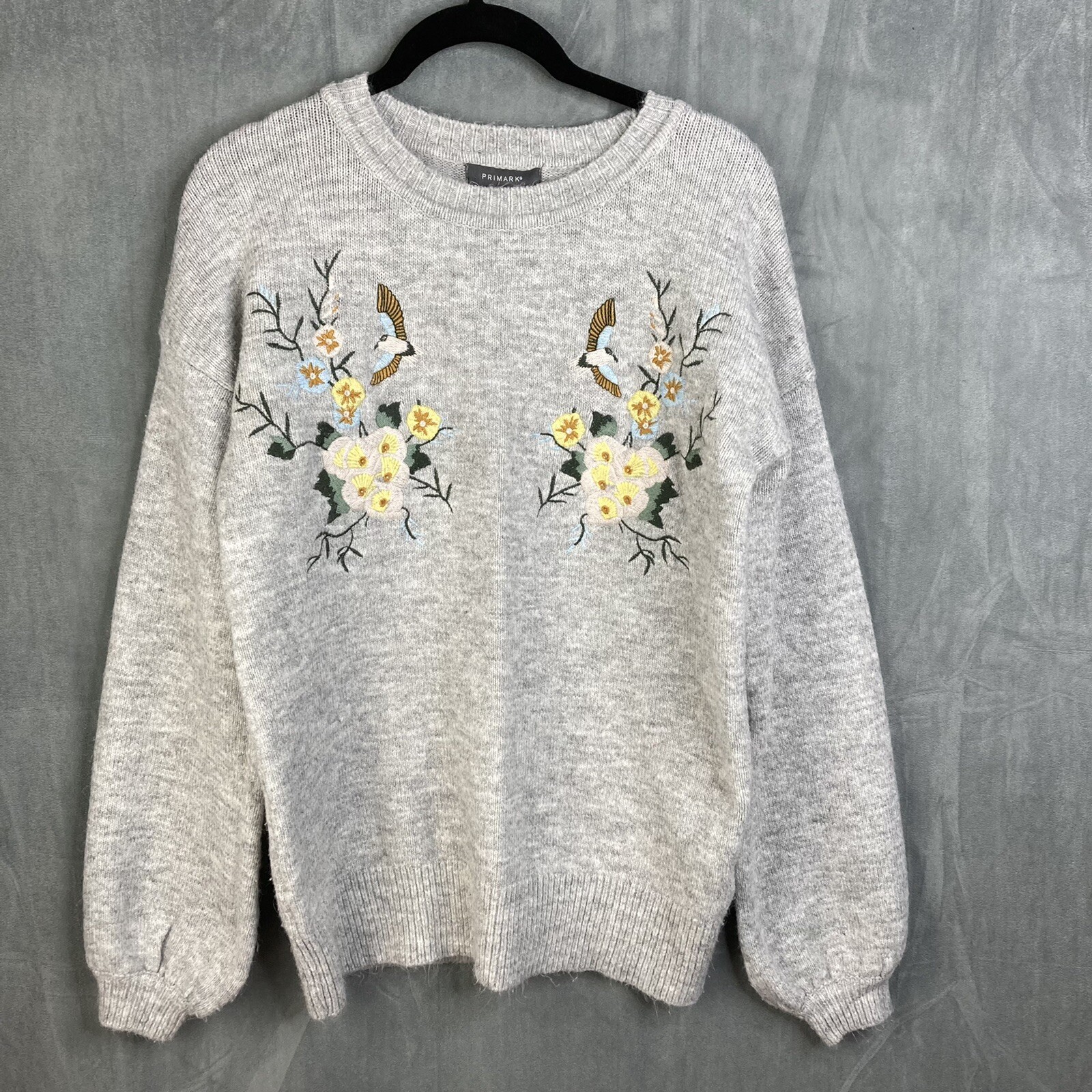Primark Women's Sweater Embroidered Birds Flowers Gray Pullover Size ...