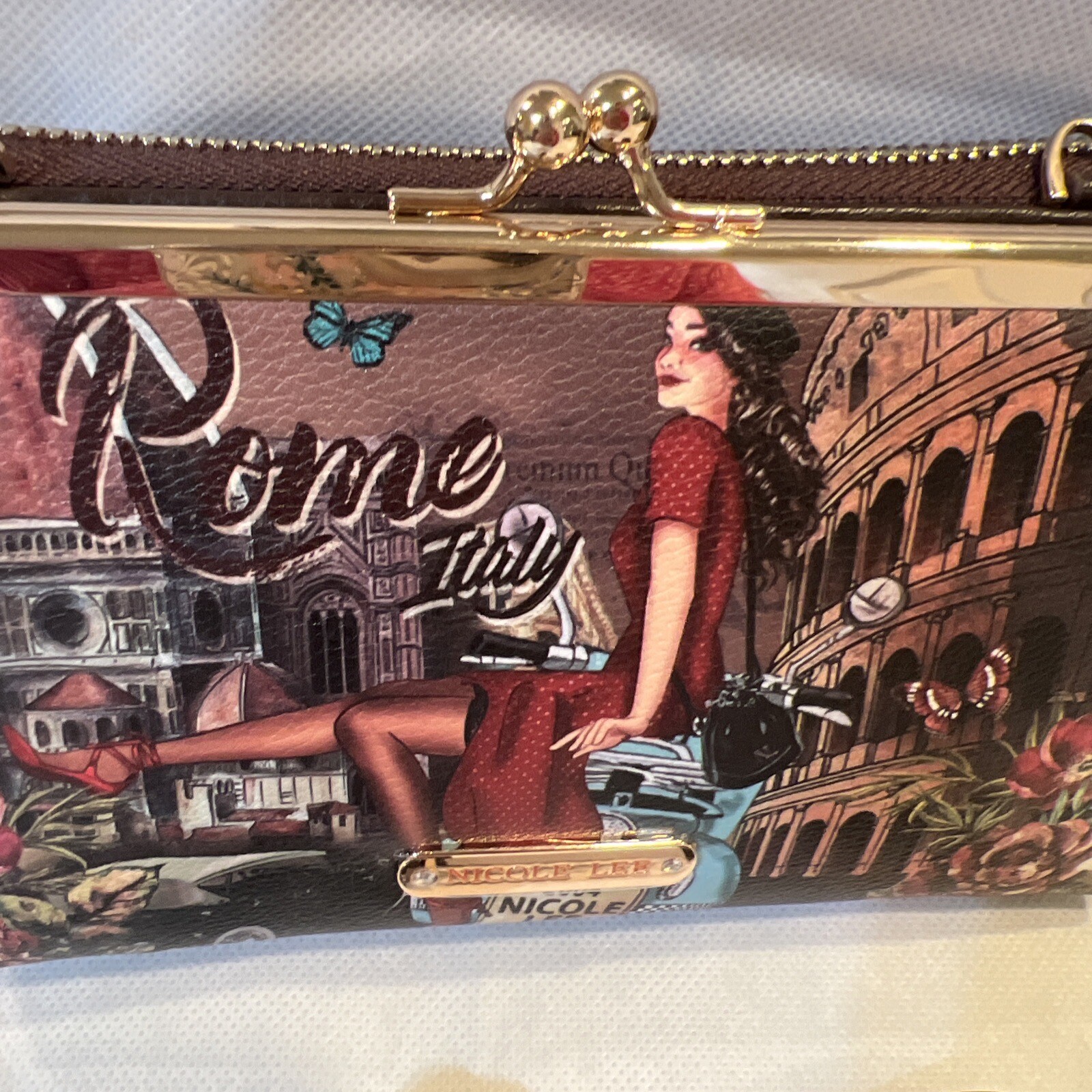 Nicole Lee Signature Kiss Lock Crossbody Wallet-MEMORY OF ROME-RFID-NWT ...
