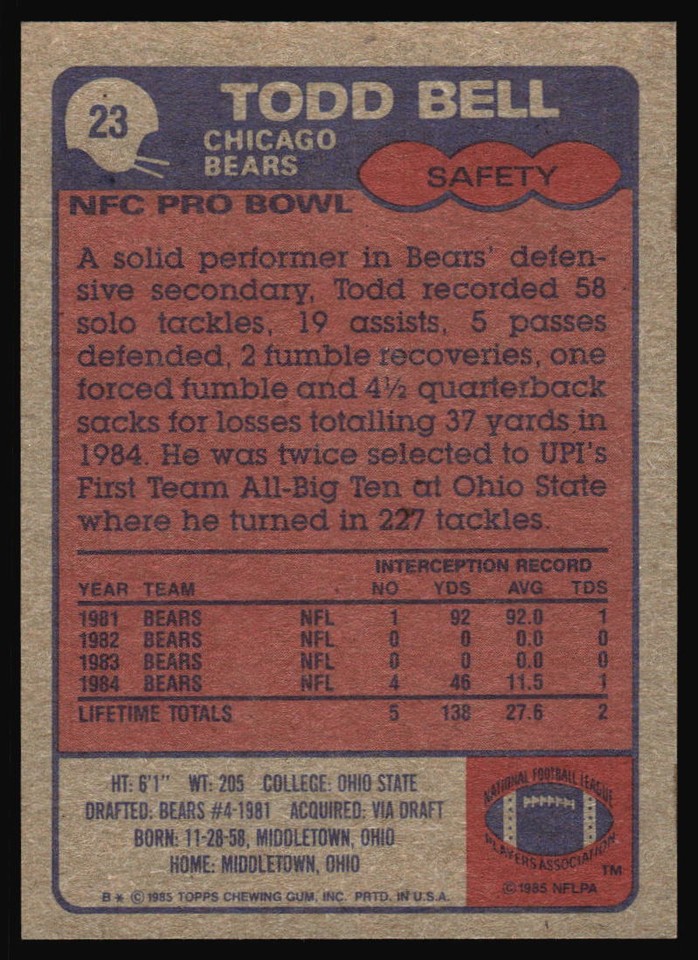 1985 Topps Todd Bell Rookie #23 Chicago Bears | eBay
