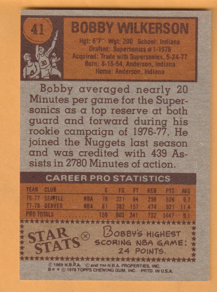 Bobby Wilkerson Denver Nuggets 1978-79 Topps #41 Indiana Hoosiers | eBay