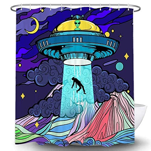 Funny UFO Alien Shower Curtain for Bathroom, Unique Fun Space Blue ...