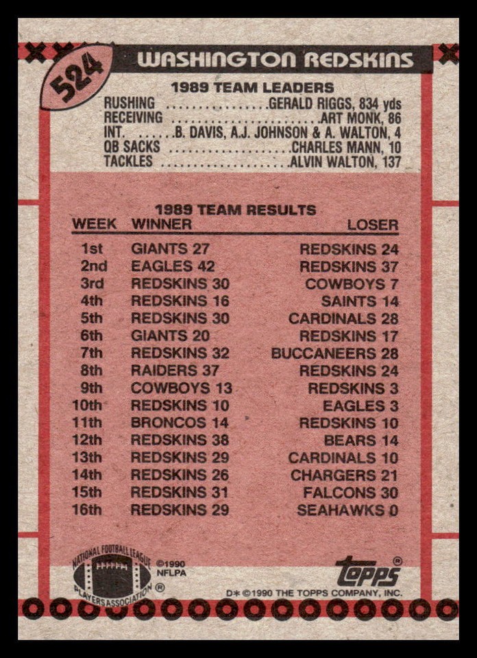 1990 Topps Gerald Riggs #524 Washington Redskins Football Card | eBay