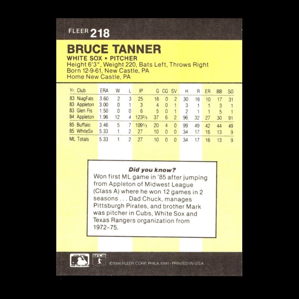 Bruce Tanner 1986 Fleer Rookie Chicago White Sox #218 R318F 18 | eBay