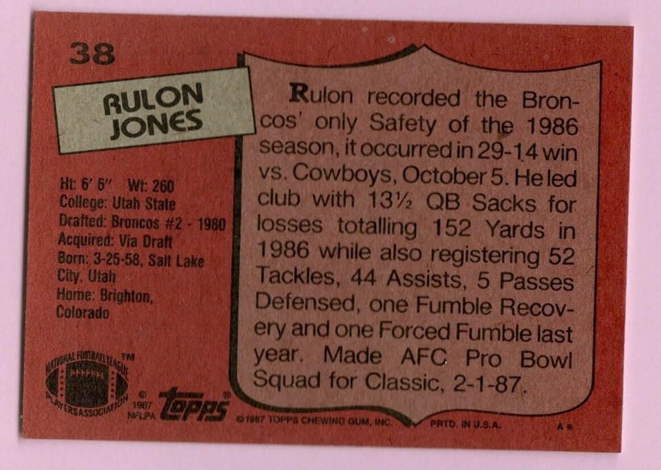 1987 Topps Football #38 Rulon Jones Denver Broncos Defensive End | eBay