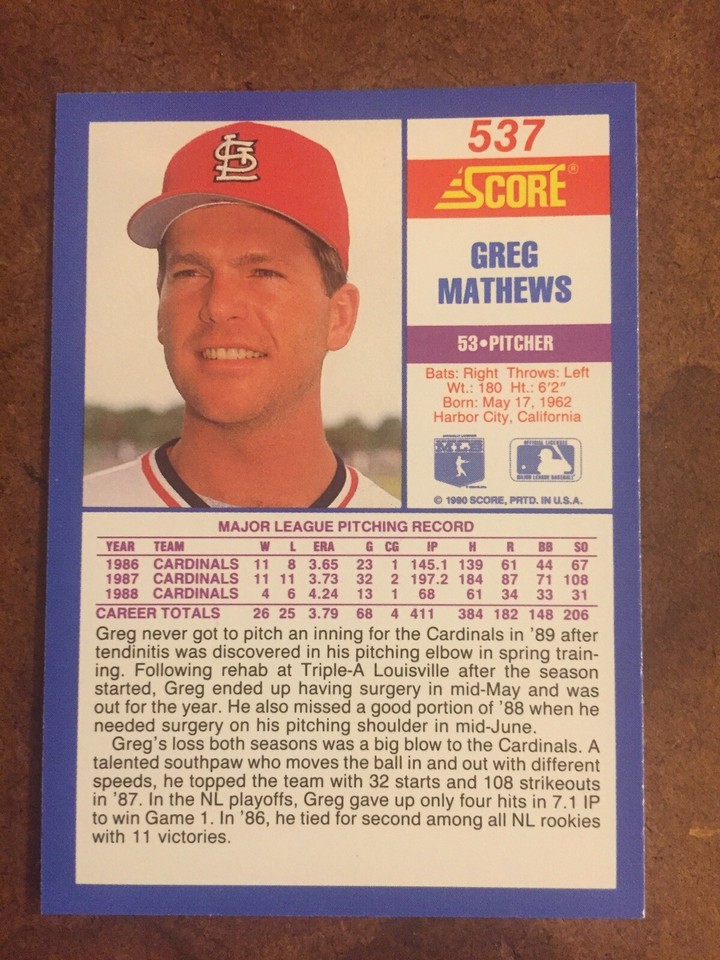 Greg Mathews 537 Score 1990 MLB Baseball Trading Card | eBay