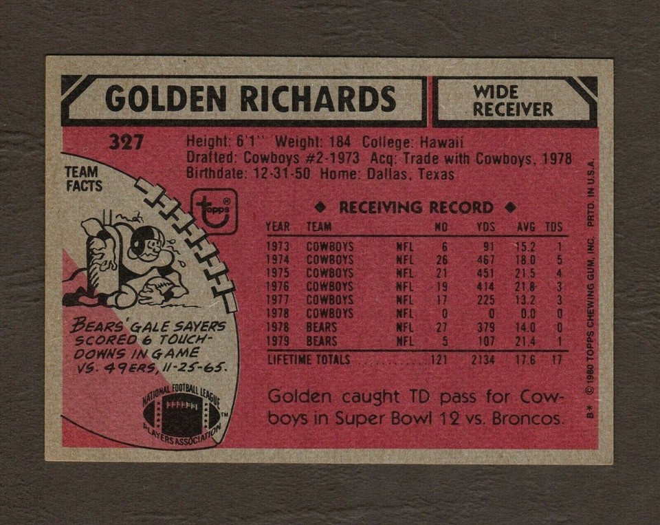 1980 Topps Football Card #327 Golden Richards - Chicago Bears | eBay