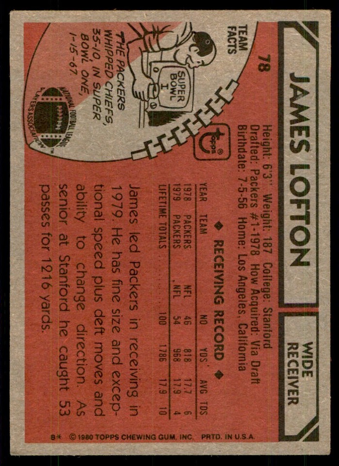 1980 Topps James Lofton Football Card Green Bay Packers #78 | eBay