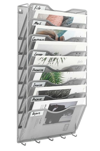 EasyPAG Wall Mount File Organizer with Key Hooks 8 Pocket Vertical Mesh ...