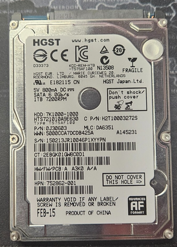 HGST Hitachi HTS721010A9E630 1TB HDD: 7K1000-1000 P/N: 0J30603 MLC ...