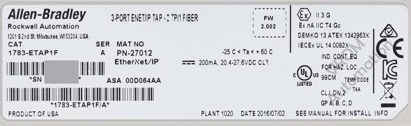 Allen Bradley 1783-ETAP1F / A EtherNet/IP Taps 100Base-FX LC Fiber Two ...
