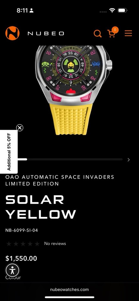 Nubeo Space Invaders Limited Edition Watch w/ Box & Case Solar Yellow ...