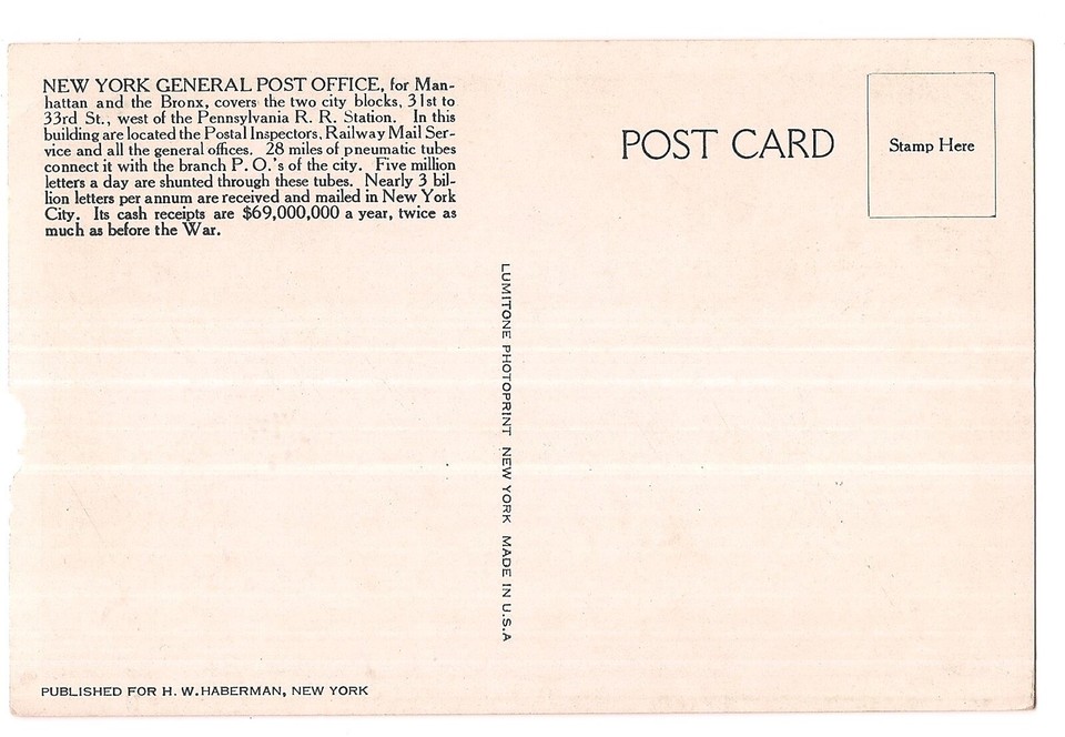 NEW YORK CITY POST OFFICE 31st St. 8th Ave Postcard NY Lumitone ...