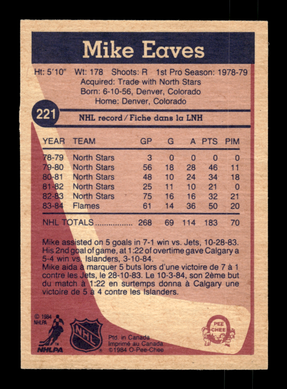 1984-85 O Pee Chee # 221 Mike Eaves Autograph Signed Card (M2) Calgary ...