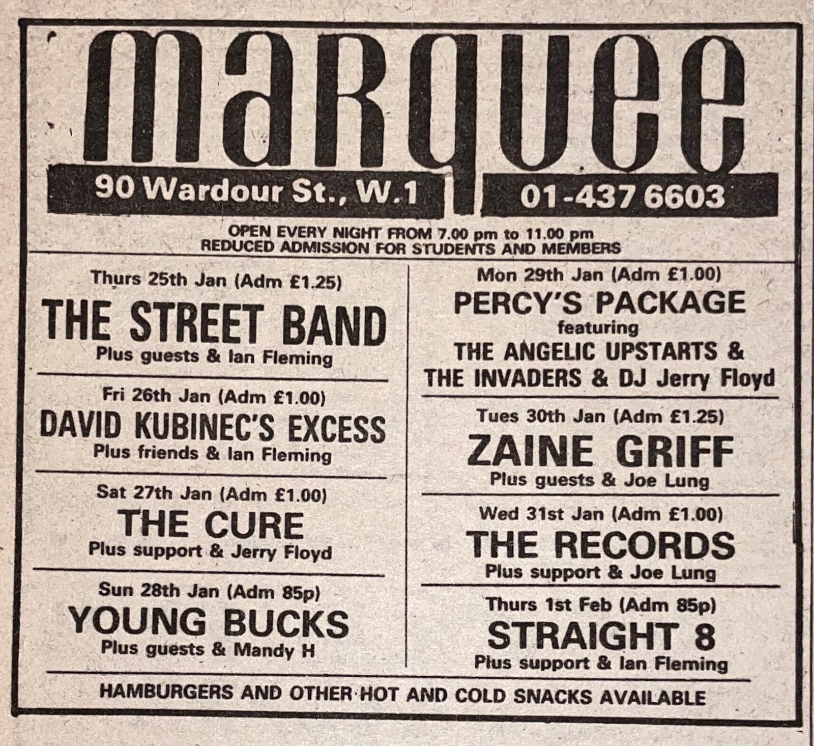 THE CURE - GIG ADVERT - MARQUEE - 27/01/1979 - ANGELIC UPSTARTS | eBay UK