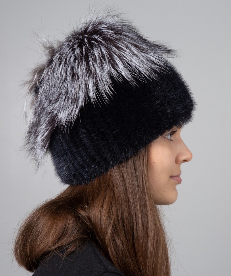 Womens Real Mink Fur Hat with Silver Fox Knit Winter Fur Hat Luxury ...