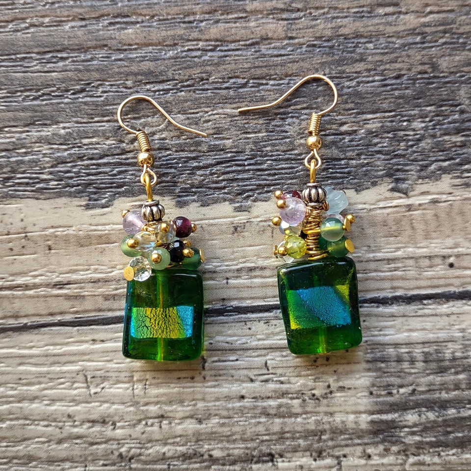 Handmade Bauble Gem / Glass / Pearl Mix Gold Tone Chandelier Earrings ...