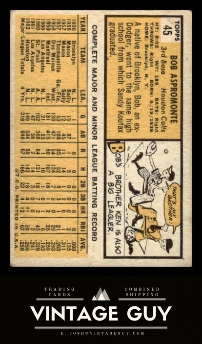 1963 Topps #45 Bob Aspromonte Vintage Houston Colt .45s Baseball Card ...