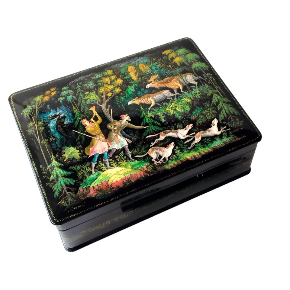 Hunting Russian Lacquer Box Fedoskino Keepsake Jewelry Trinket Box 4x6 ...