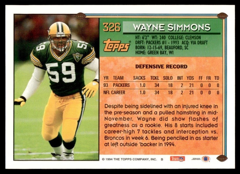 1994 Topps Wayne Simmons Green Bay Packers #326 | eBay