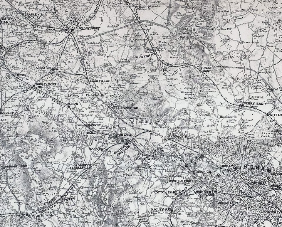1883 MAP ENVIRONS BIRMINGHAM WOLVERHAMPTON DUDLEY WEST BROMWICH BILSTON ...