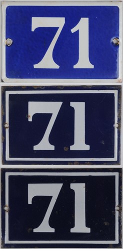 Old blue French house number 71 door gate wall fence street sign plate ...
