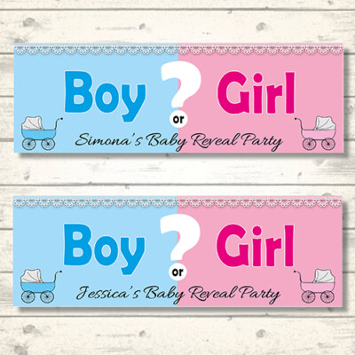 2 PERSONALISED GENDER REVEAL BANNERS - BOY OR GIRL? 800 x 297mm PRAM ...