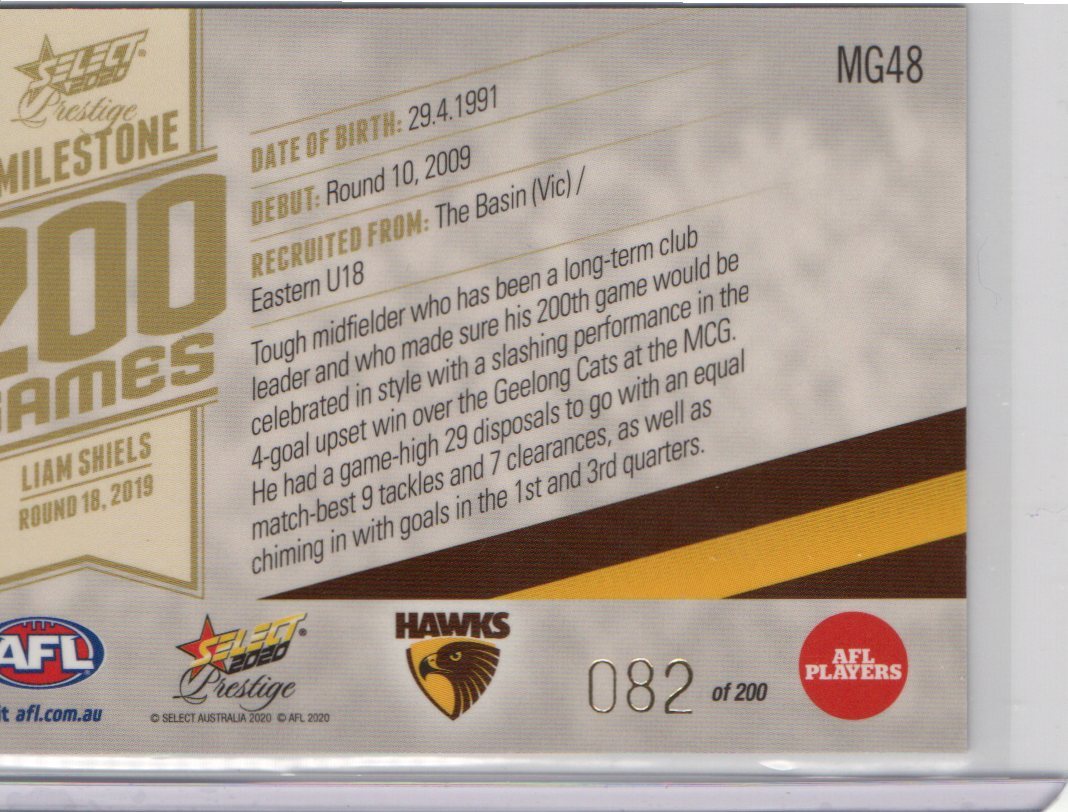 2020 AFL SELECT PRESTIGE MILESTONE GAMES LIAM SHIELS HAWTHORN HAWKS 082 ...