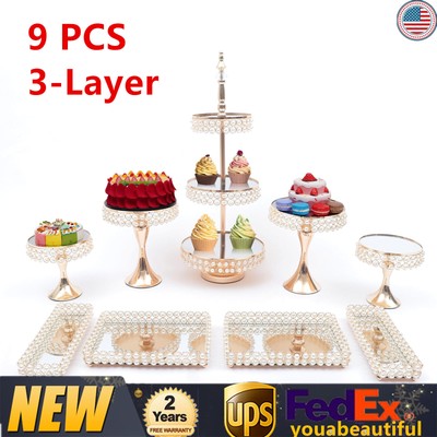 9PCS Cake Stand 3-Layer Dessert Tower Stand W/Base Wedding Party Cake ...