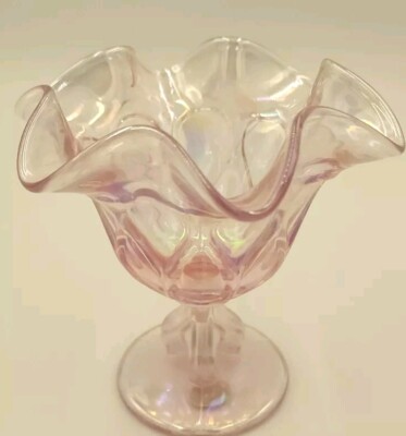 Pink Fenton Rose Ruffled Edge Iridescent Glass Pedestal Compote 5.25 ...