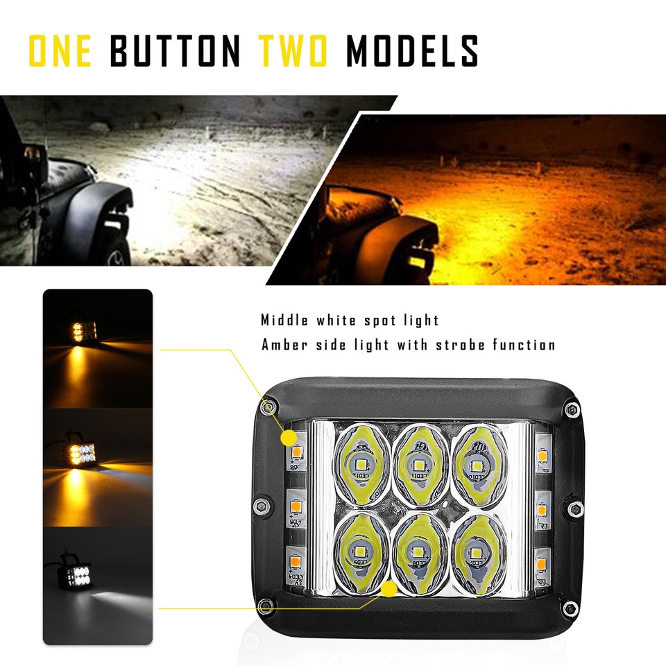 2X 4" Pod Work Strobe Lights Dual Side Shooter Amber & White LED Light ...