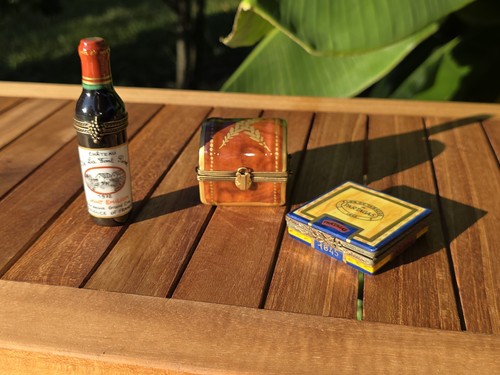 Limoges Set of 3 Trinket Boxes, Wine Bottle, Cigar Box & Trunk, Signed ...
