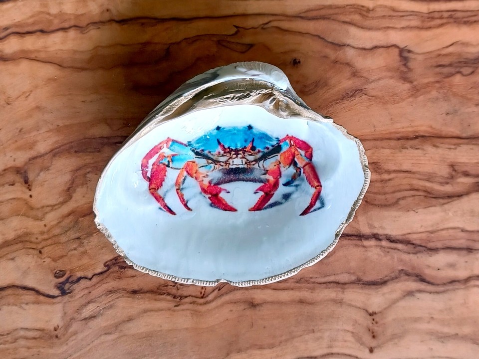 Blue Crab Decoupage Clam Shell - Gold and White Ring Dish, Painted ...