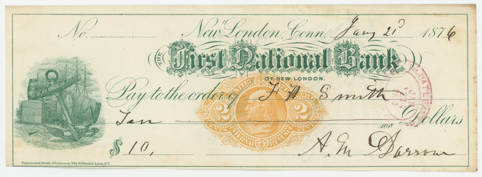 RN-F1 Type F Revenue on New London, CT First National Bank check ...