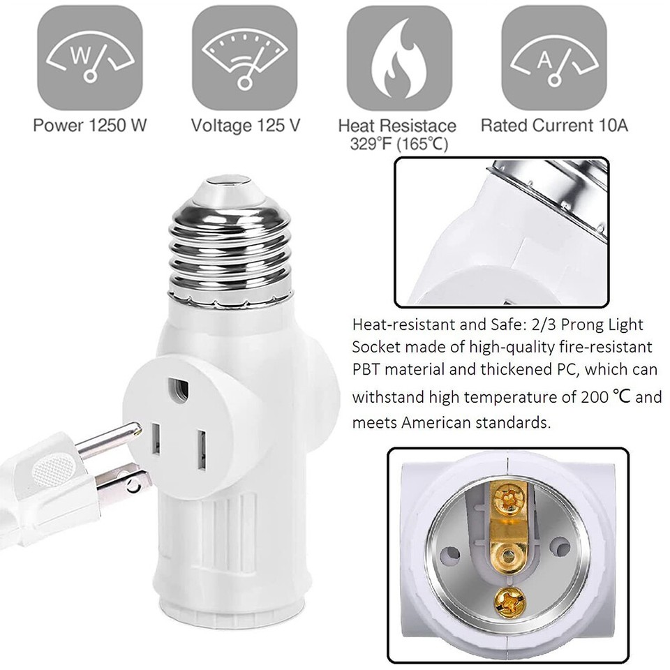 E26/E27 Light Socket to Plug Adapter 2/3 Prong Light Bulb Outlet Socket ...