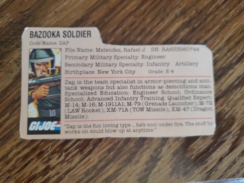 Vintage 1982 GI Joe Bazooka Soldier Zap Rafael Melendez File Card Only ...