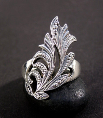 Wide Floral Sterling Silver Ring - Large Fantasy Leaf Ring - Stylized ...