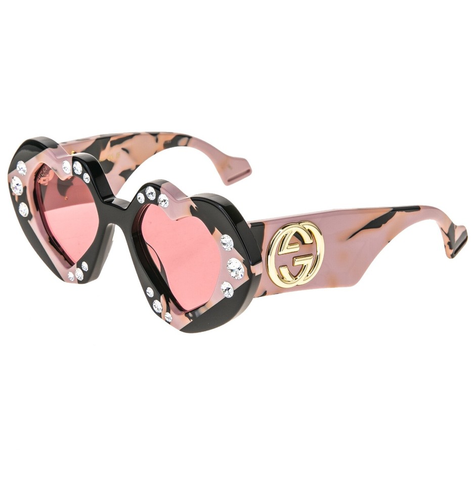 GUCCI HOLLYWOOD FOREVER 1329 Black Pink Heart Crystal Sunglasses ...