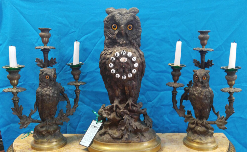 BRONZE FRENCH JAPY FRERES 3 PC OWL CLOCK SET GRANDE MEDAILLE D'HONNEUR ...