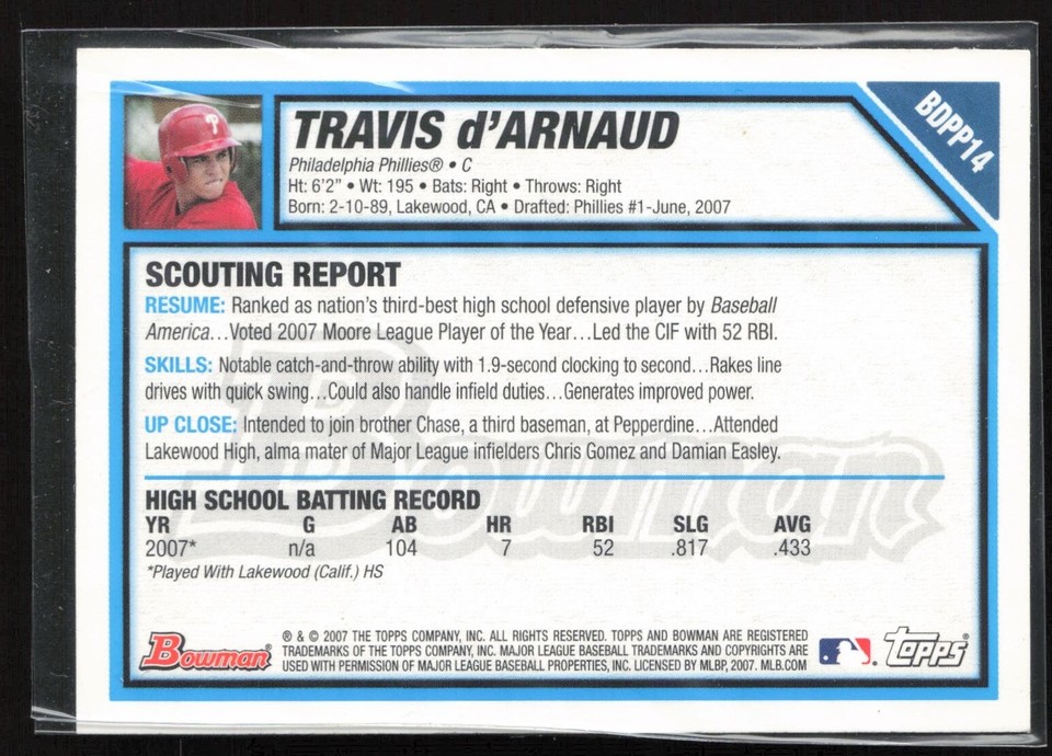 2007 Bowman Draft Picks #BDPP14 Travis d'Arnaud Prospects FBC Card | eBay