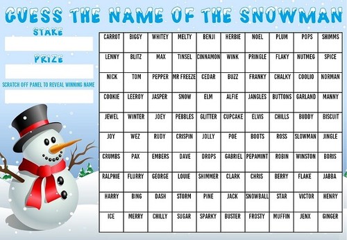 GUESS THE NAME OF SNOWMAN SCRATCHCARD CHRISTMAS FAIR FETE GAME 100 ...