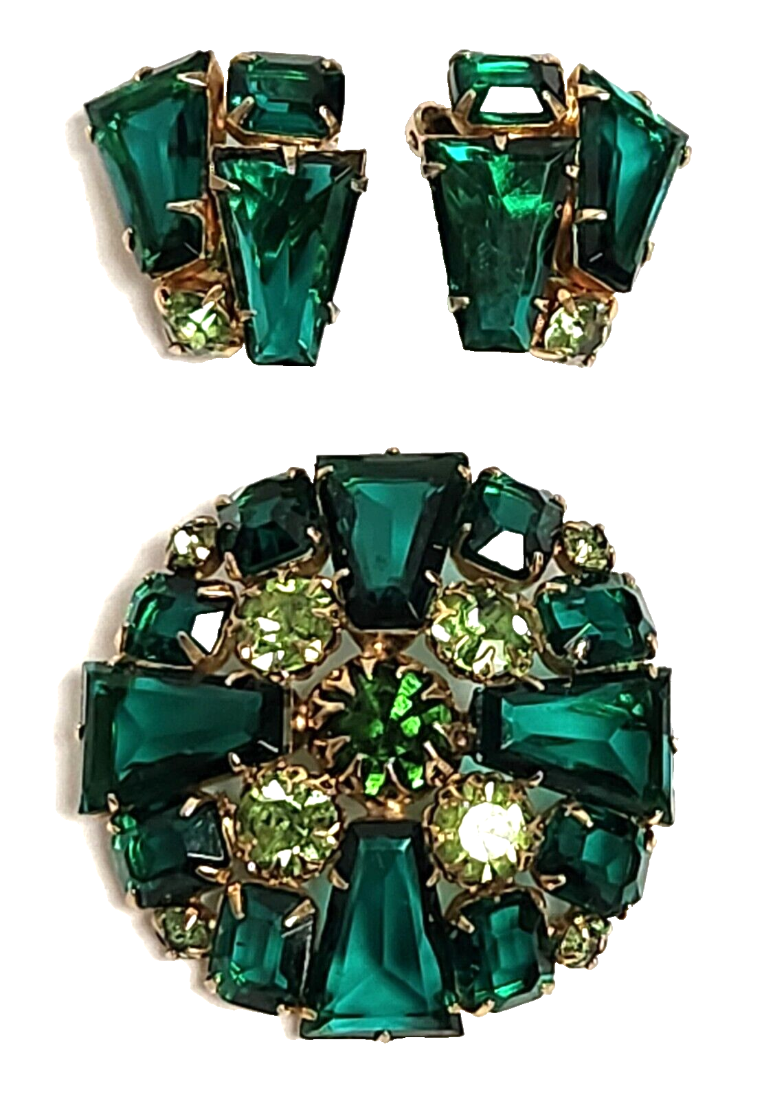 Gorgeous Vintage Green Keystone Shape Rhinestone Clip Earrings Brooch ...