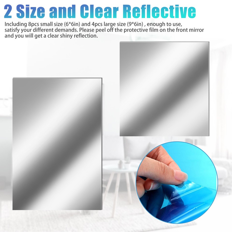 12PCS Self Adhesive Mirror Reflective Wall Sticker Film Paper Home ...