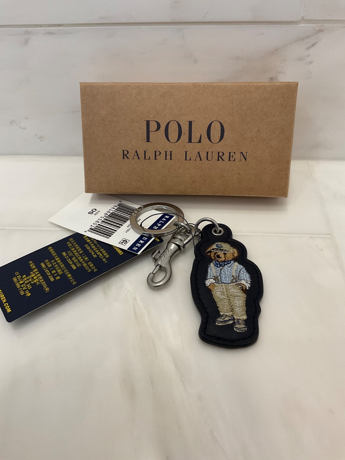 Polo Ralph Lauren Hemingway Bear Leather Key Ring Keychain, Navy Blue