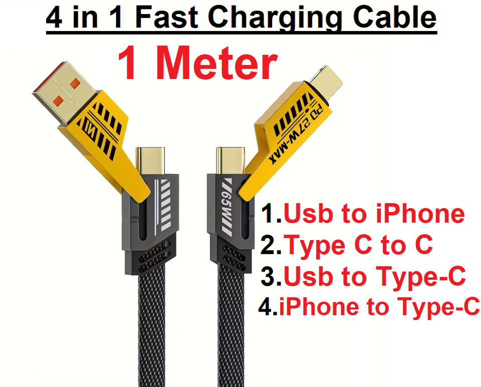 4 in 1 Multi Charger Charging Cable Lead For Phones Type-C, Usb & 8-Pin ...