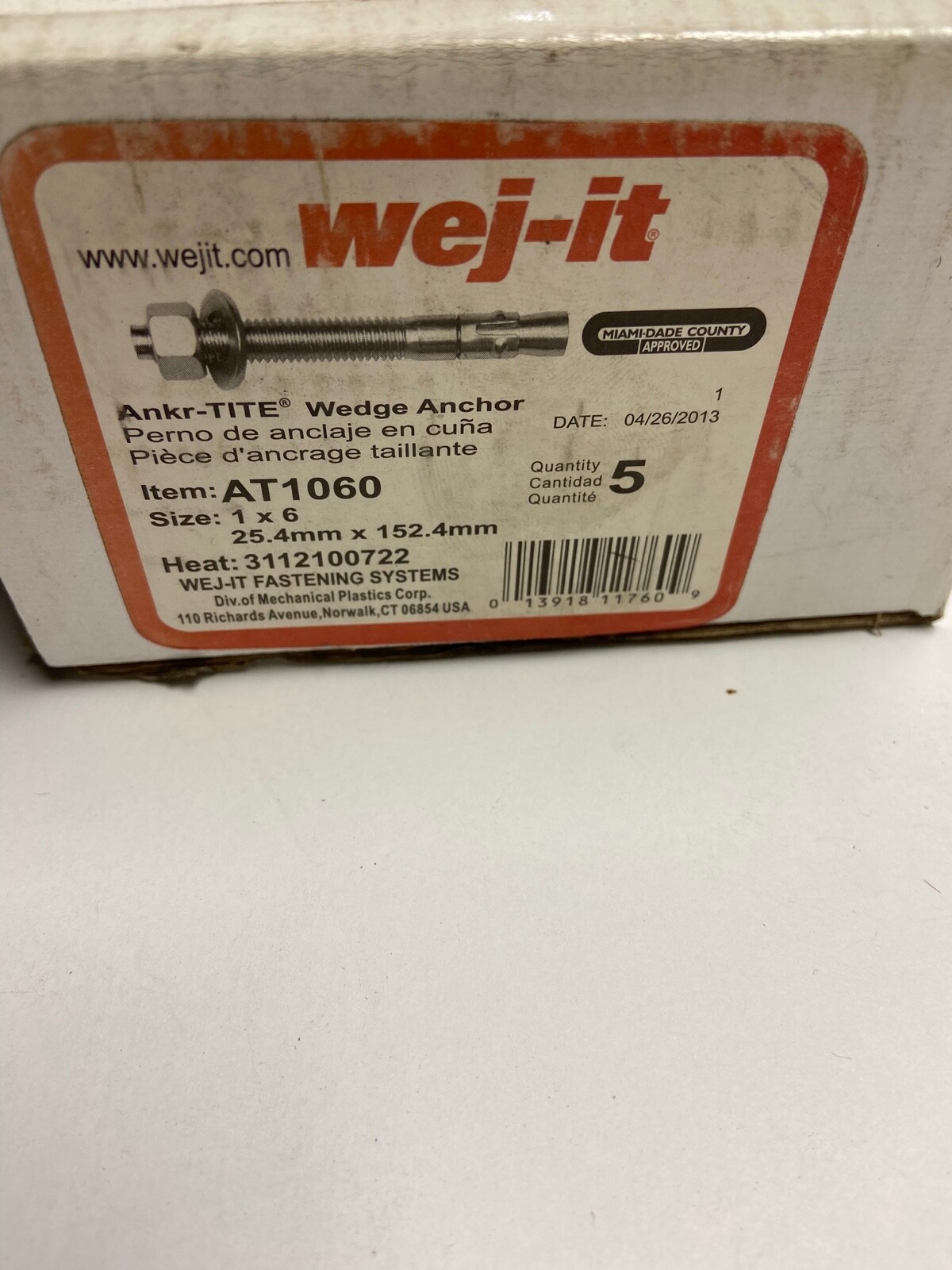 Wej-it AT1060 1" " Ankr-TITE Wedge Anchor (Zinc Plated) for sale online ...